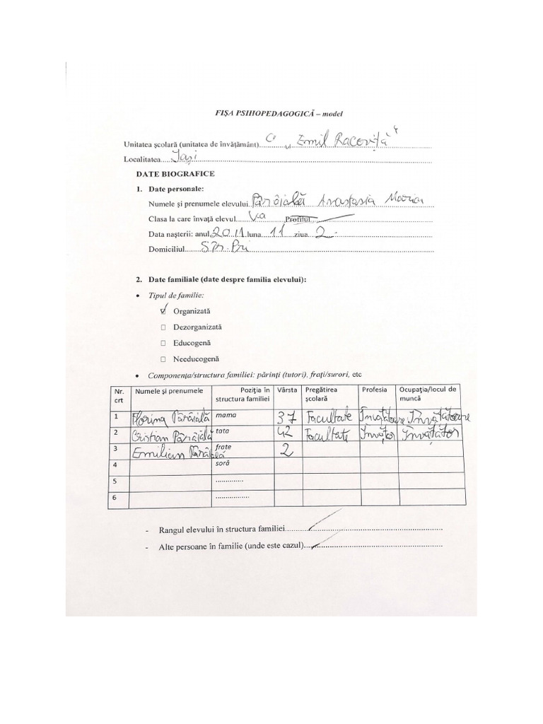 Fișa Psihopedagogică A Elevului | PDF