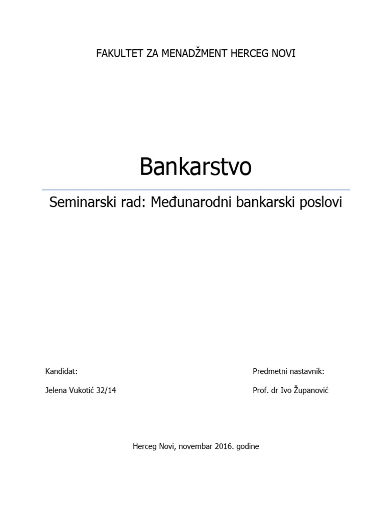 Bankarstvo Seminarski Rad Medunarodni Ba | PDF