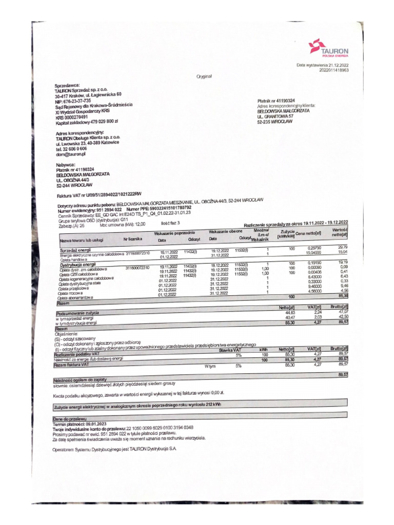 PDF Scan Tauron Polish Electro Bill | PDF