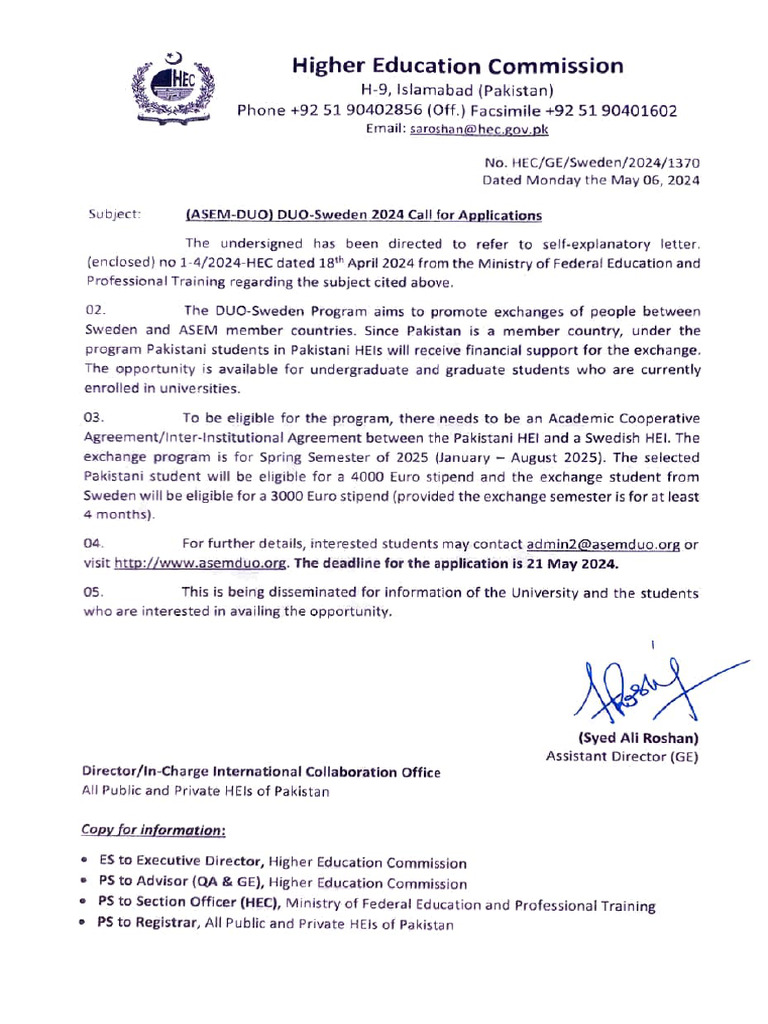 Letter To HEIs - (ASEM-DUO) DUO-Sweden 2024 Call For Applications | PDF ...