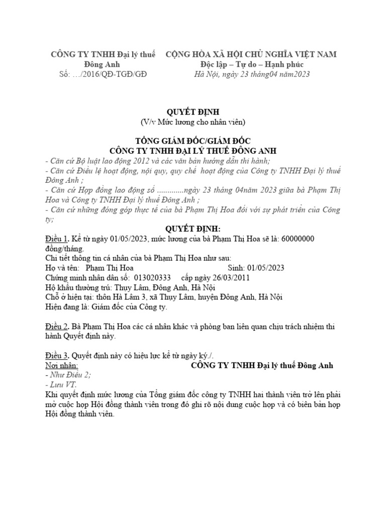 Mẫu quyết định mức lương Tổng giám đốc (Công ty TNHH 2TV) | PDF