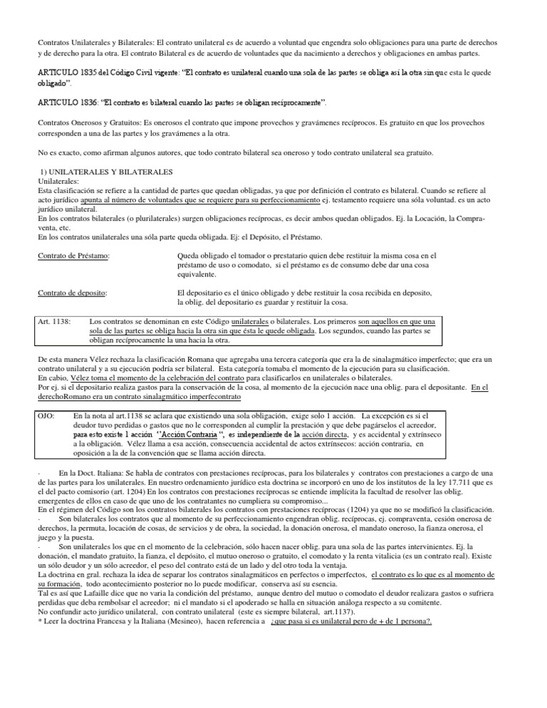 Contratos Unilaterales y Bilaterales Explicados | PDF | Jurisprudencia ...