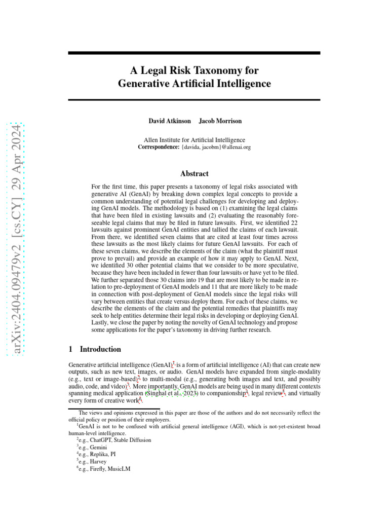 (2024) A Legal Risk Taxonomy For Generative Artificial Intelligence | PDF | Secondary Liability ...