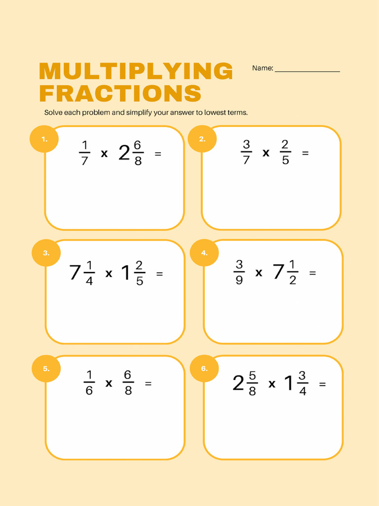 Multiplying and Dividing Fractions Math Printable Worksheet Yellow | PDF