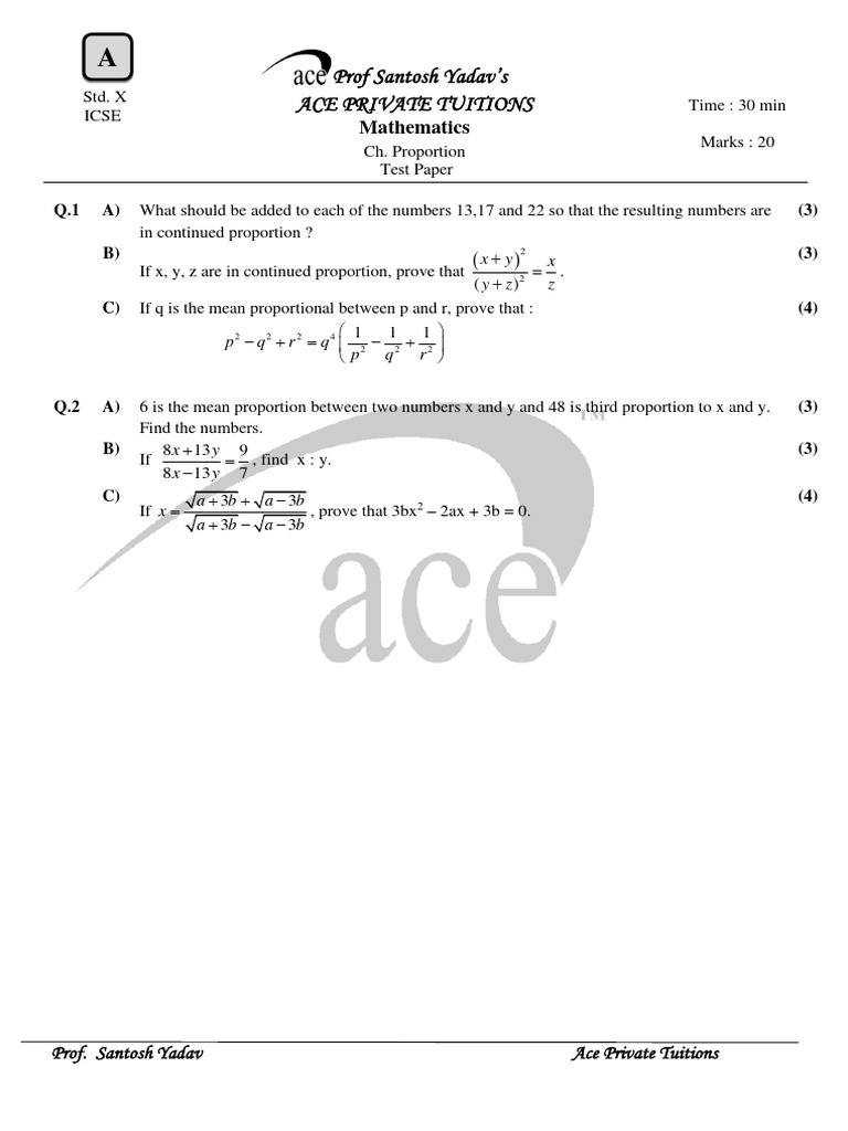 X ICSE Ch. Proportion Test Paper 1 - QP | PDF
