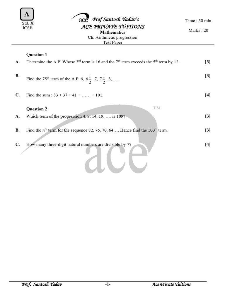 XTH Maths Ch. AP Test Paper - (SM) QP 1 | PDF