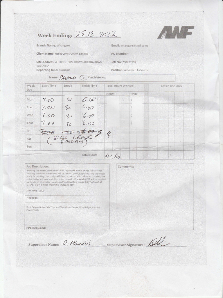Timesheet Shane Gibbons 25-12-22 | PDF