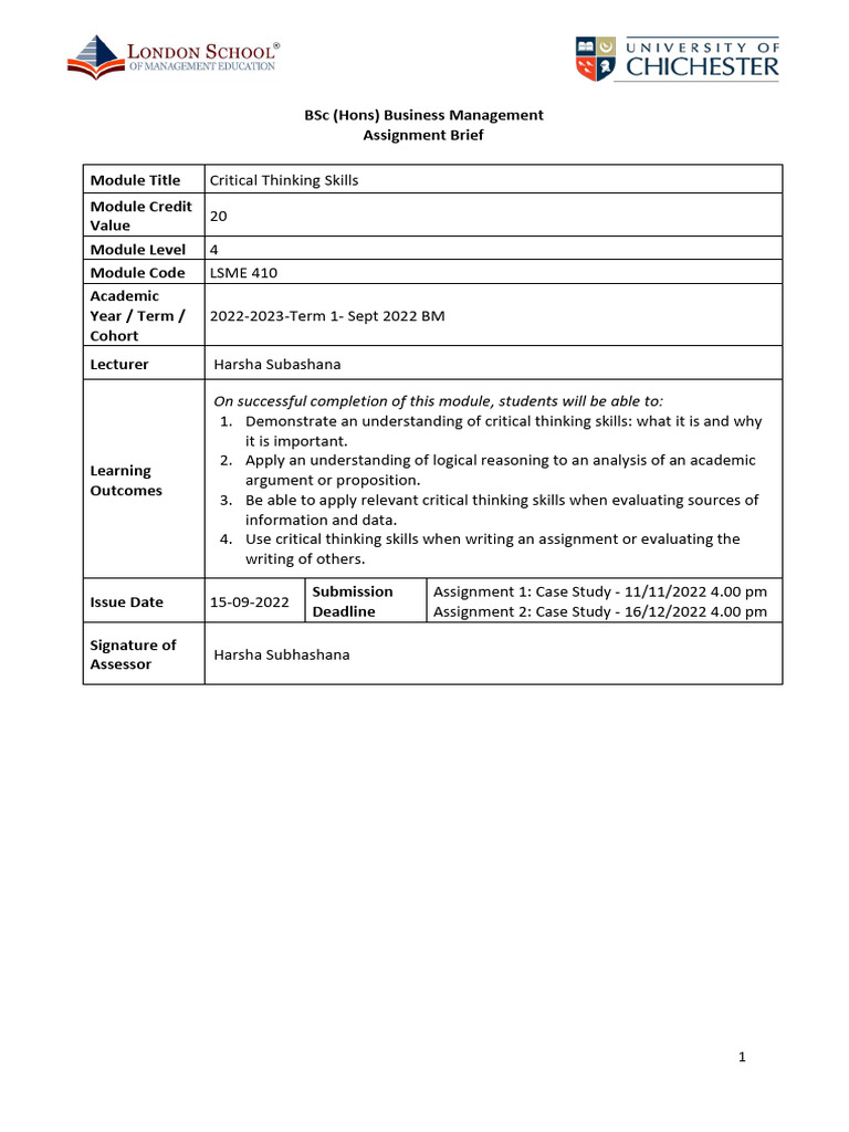 Business Management Module 2 Critical Thinking Skills Assignment Brief ...