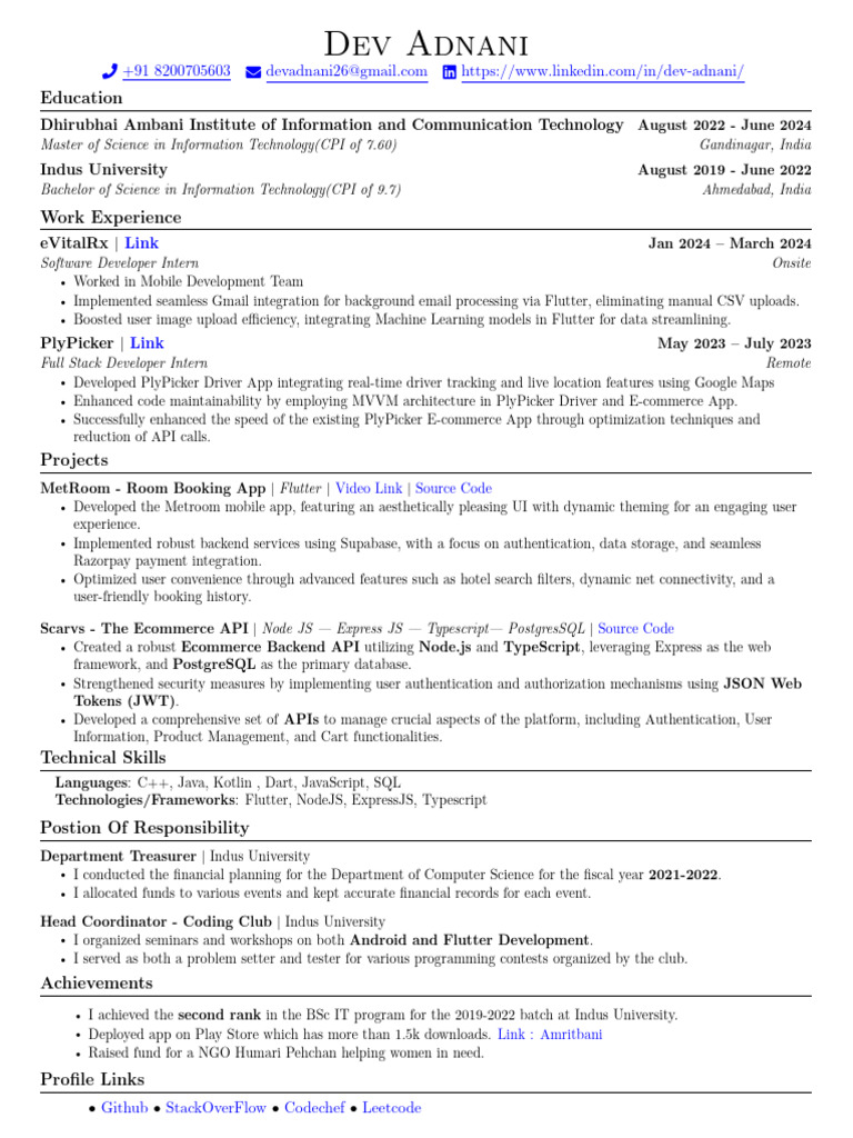 Dev Adnani Resume SDE | Download Free PDF | Mobile App | Postgre Sql