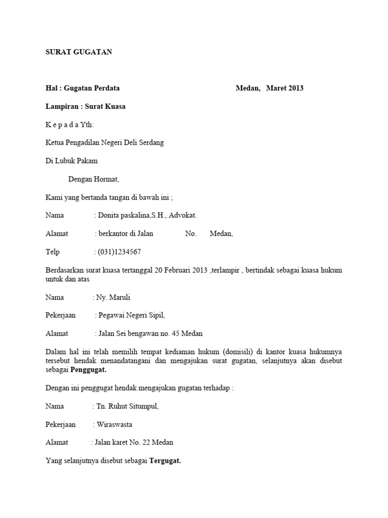 Contoh SURAT GUGATAN Jawaban Replik Dan Duplik | PDF | Hukum