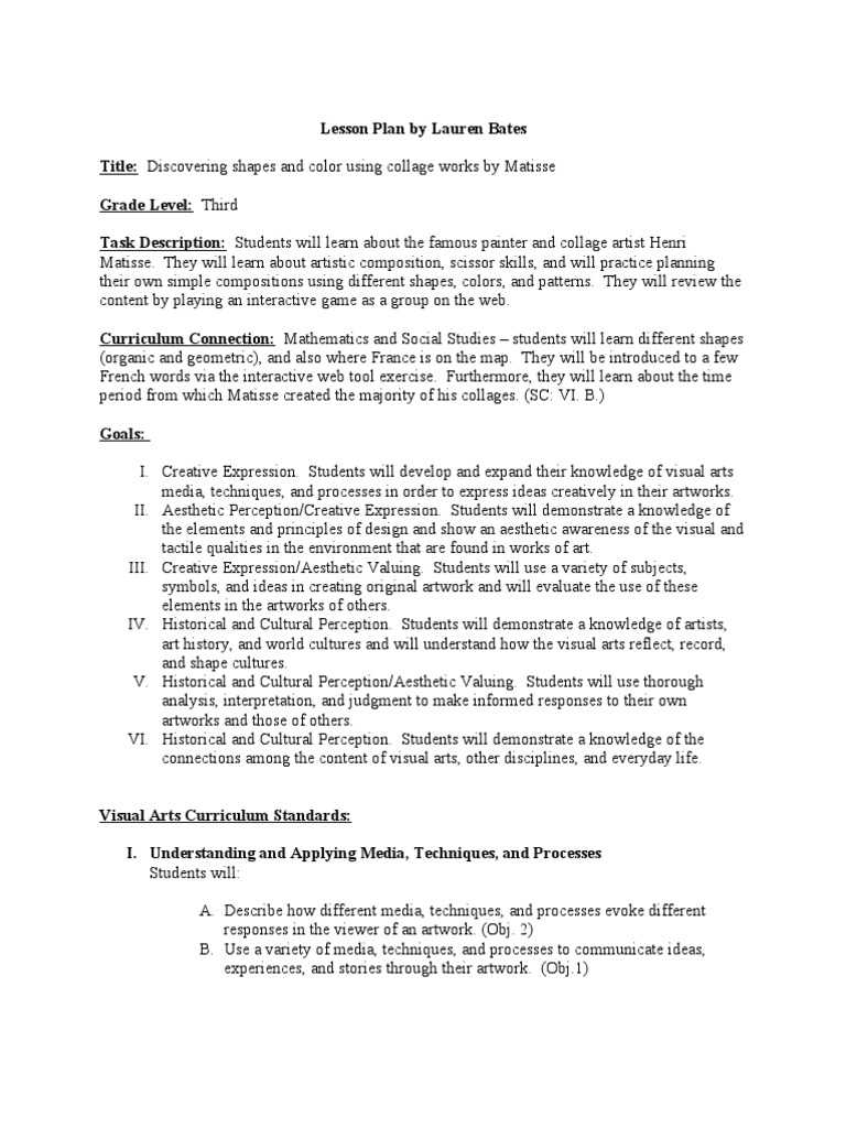 Matisse Collage Lesson Plan by Lauren Bates | PDF | Composition (Visual ...