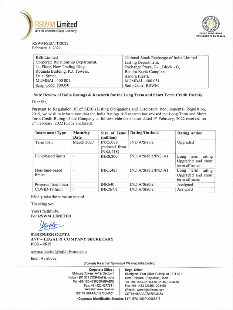 RSWMCredit Rating Letter 03022022 | PDF | Investing | Securities (Finance)