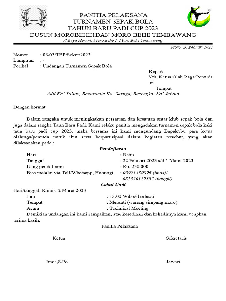 Undangan Turnamen Sepak Bola 2023 | PDF