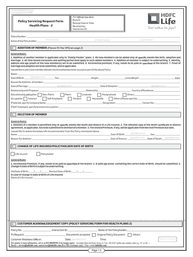 Health Insurance Policy Servicing Form | PDF | Insurance | Underwriting