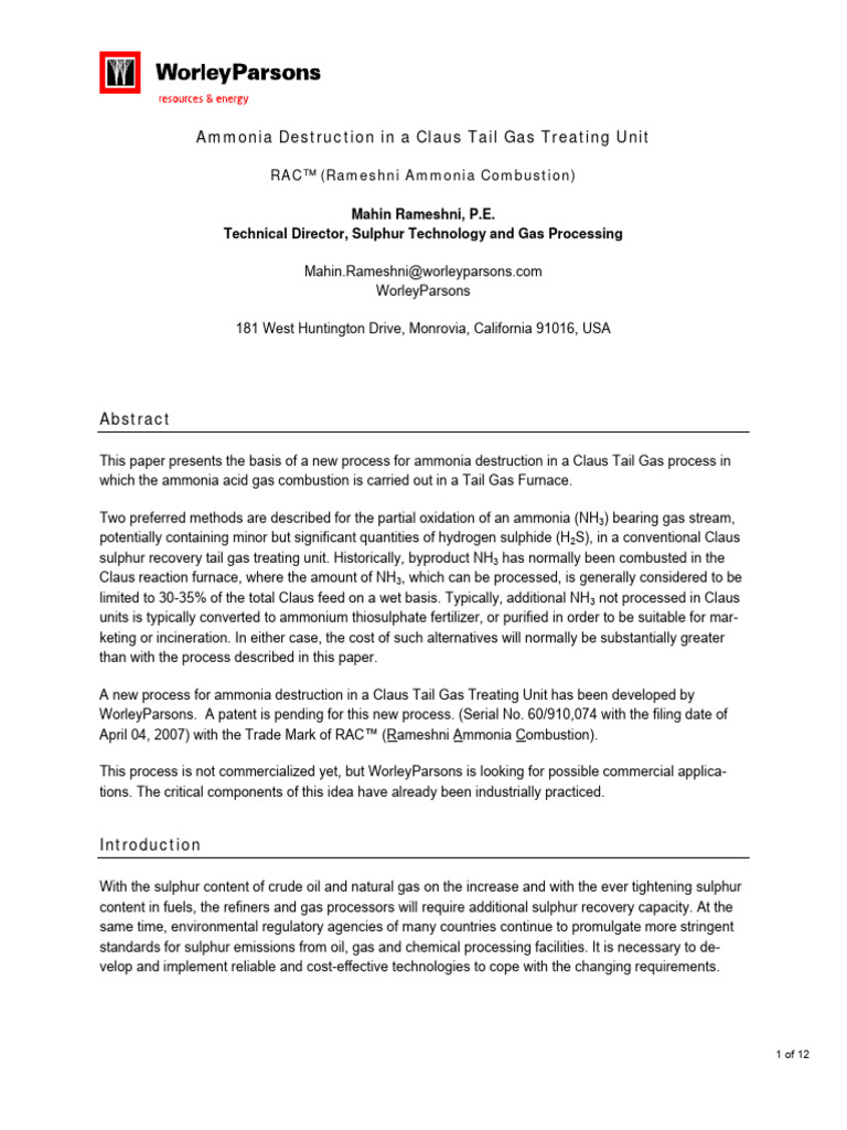Ammonia Destruction in A Claus Tail Gas Treating Unit | PDF | Ammonia ...