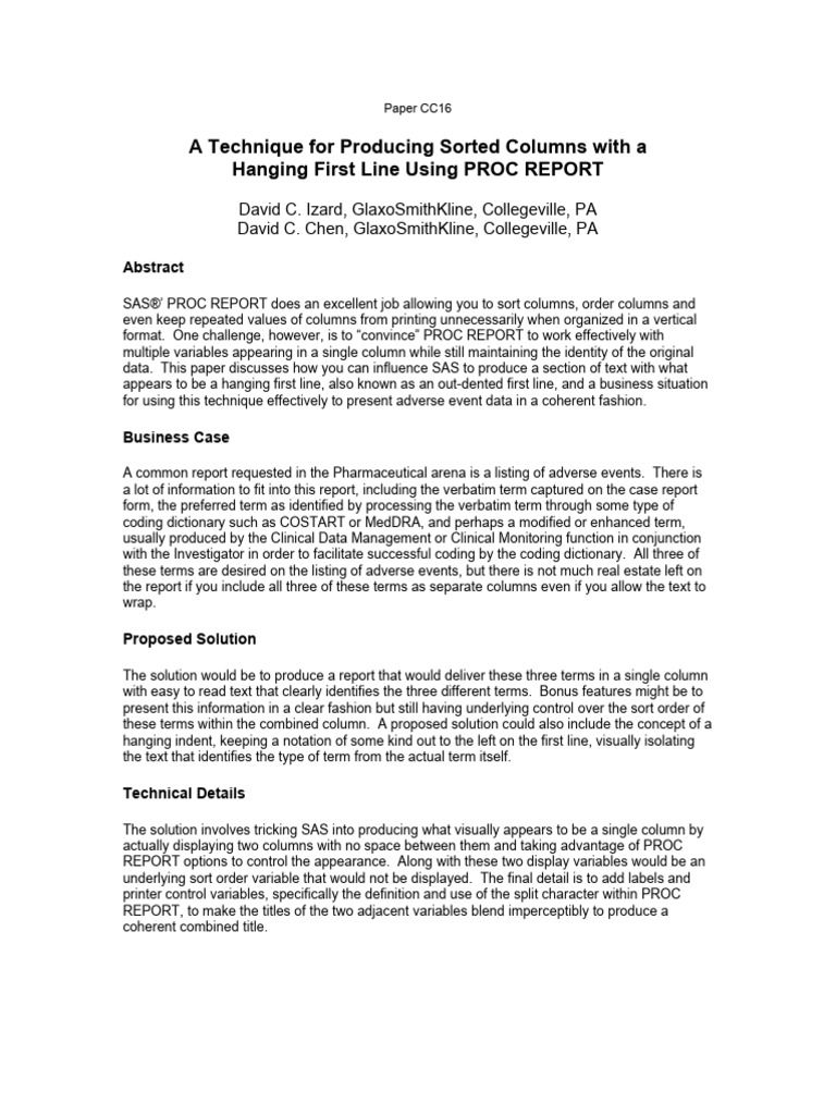 A Technique For Producing Sorted Columns With A Hanging First Line Using PROC REPORT | PDF ...