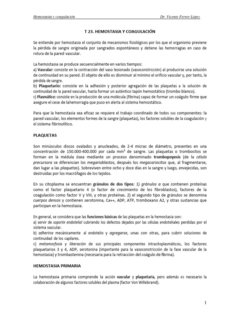 T23. Hemostasia y Coagulación | PDF | Coagulación | Hemostasia