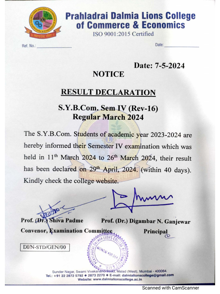 Sybcom Semester IV Regular March 2024 Result Declaration Notice Result ...