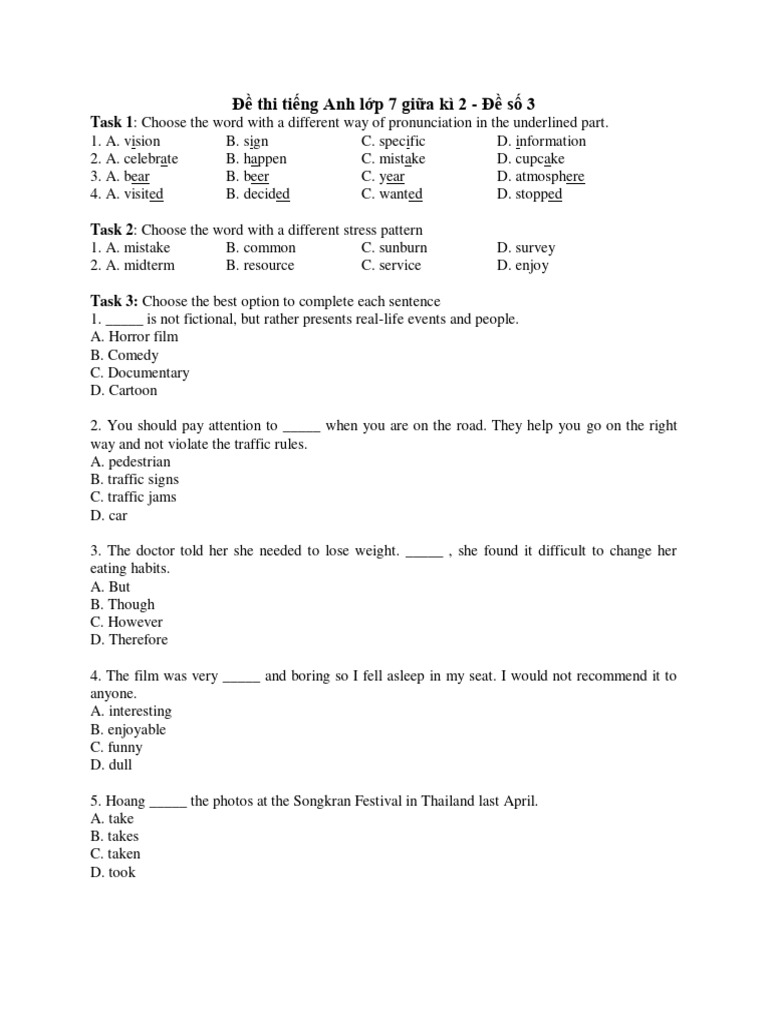 English Exam for 7th Grade - Midterm 2 | PDF