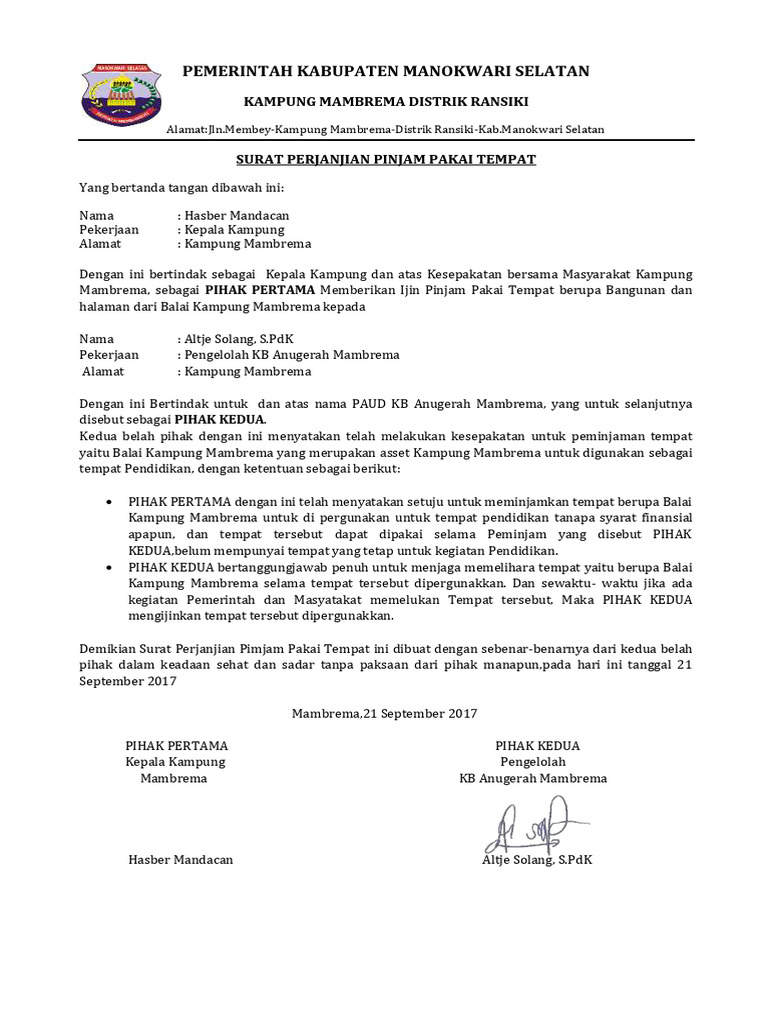 Surat Perjanjian Pinjam Pakai Tempat | PDF