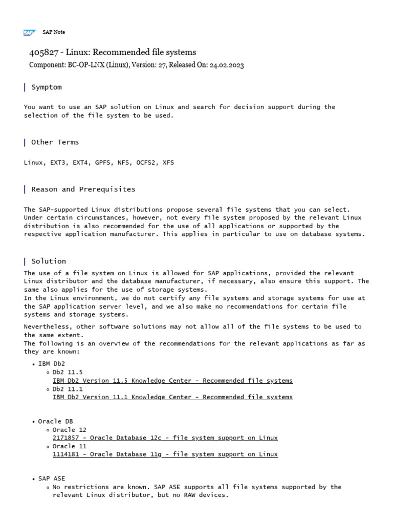 Linux Recommended File Systems For SAP System | PDF | File System | Oracle Corporation