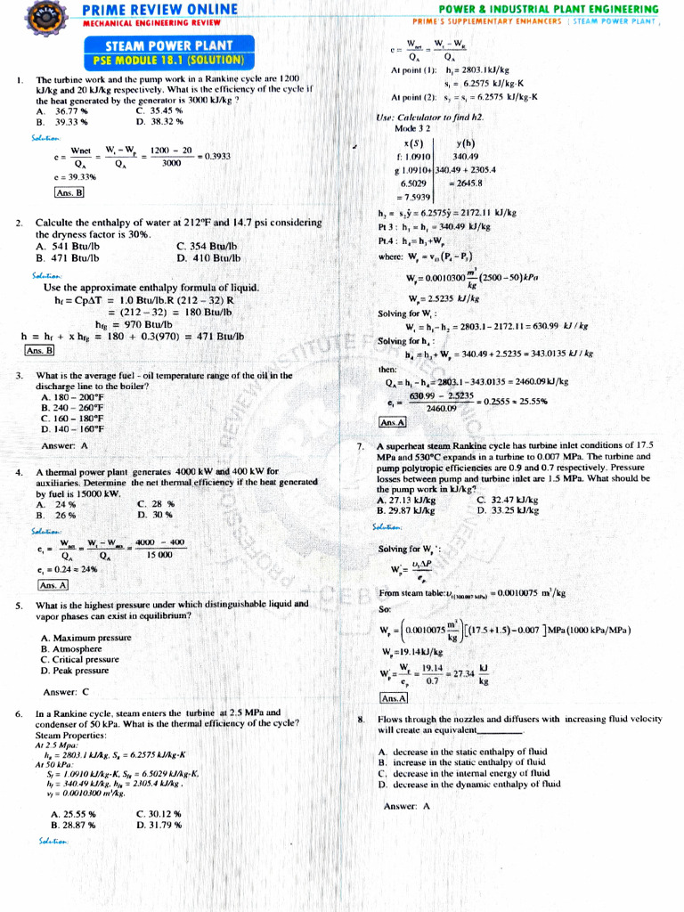 Steam Power Plant - Module 18.1 Solutions | PDF | Steam | Boiler