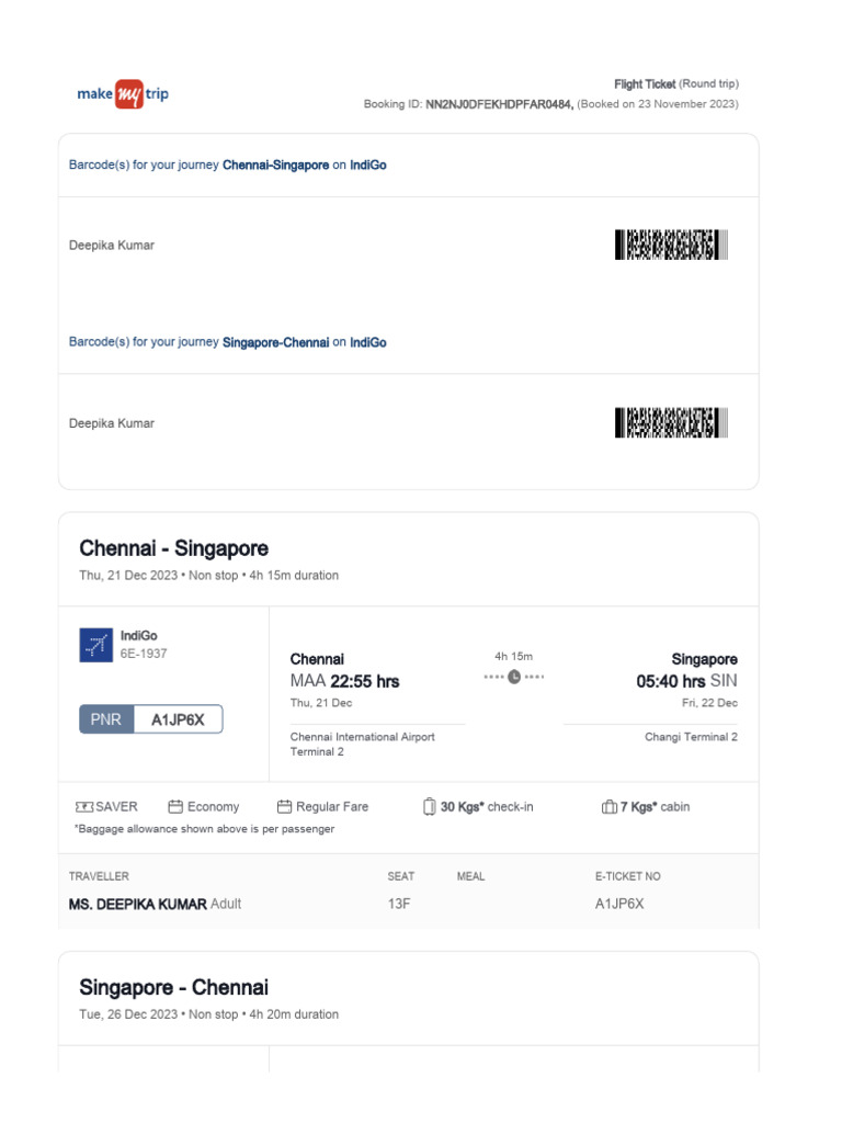IndiGo Round Trip Ticket: Chennai-Singapore | PDF | Travel Visa | Passport
