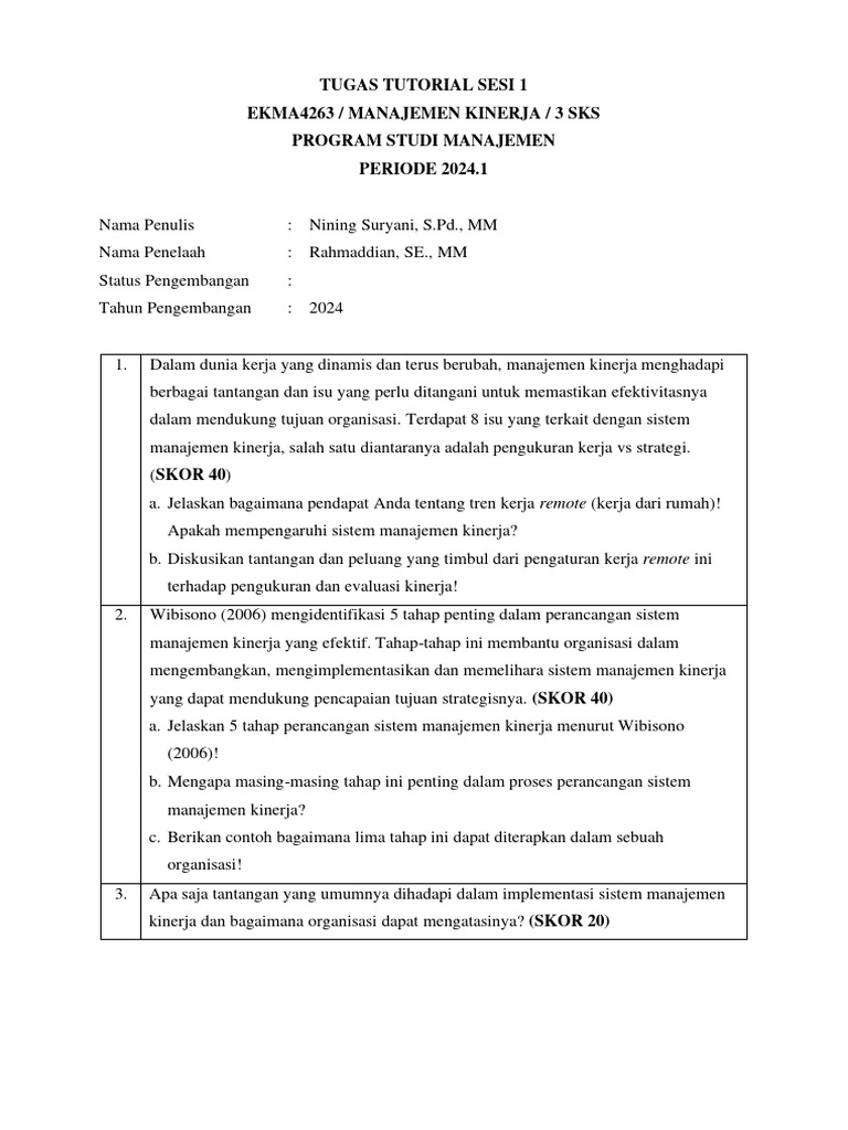 TUGAS 1 - EKMA4263 (Manajemen Kinerja) | PDF