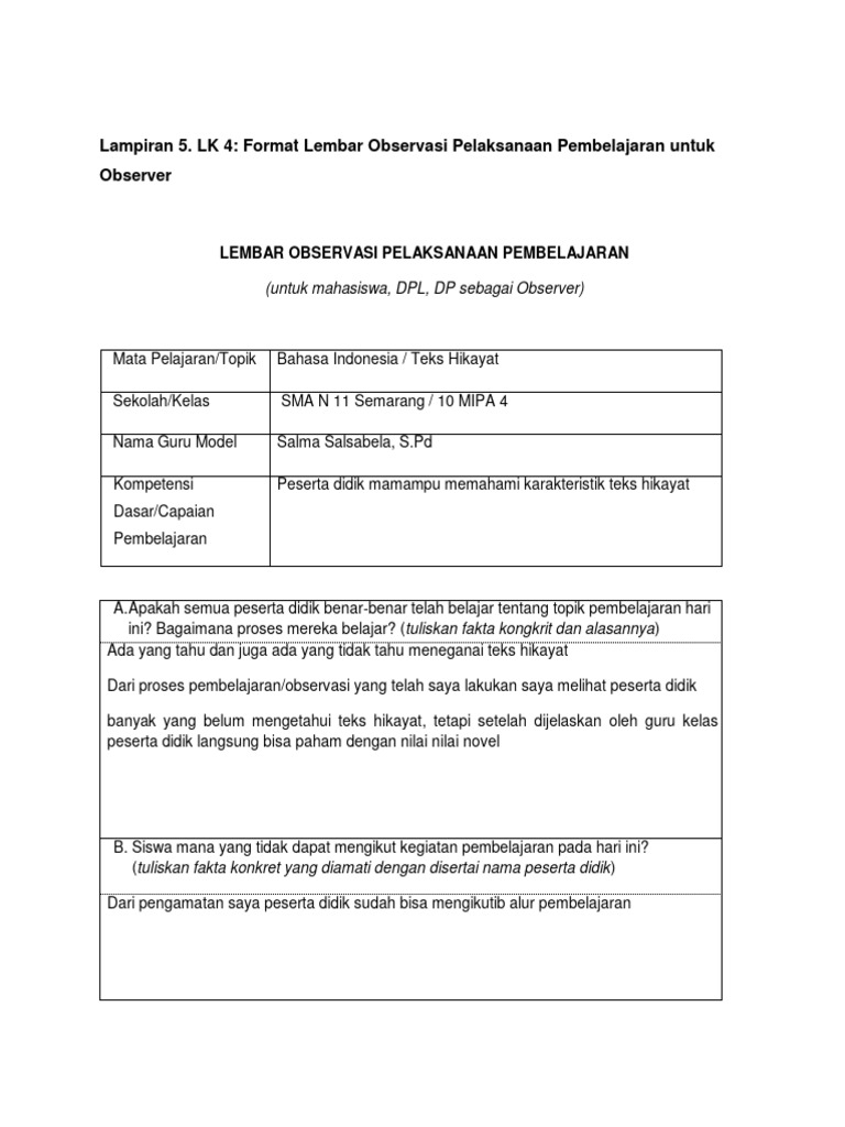 Siklus 1Lampiran 5. LK 4 Format Lembar Observasi Pelaksanaan Pembelajaran untuk Observer | PDF