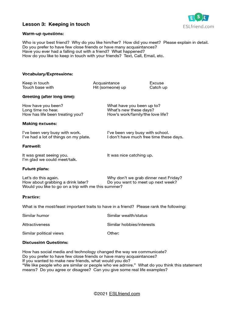 English Conversation: Staying Connected | PDF