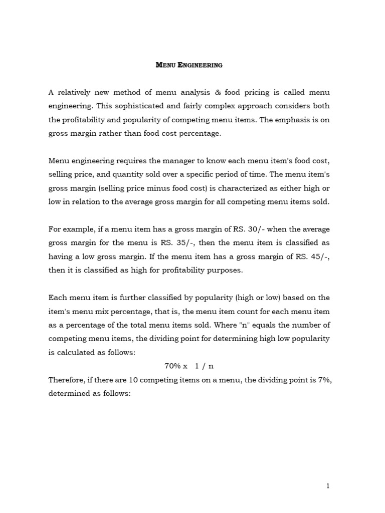 Menu Engineering-Unlocked | PDF | Gross Margin | Profit (Economics)