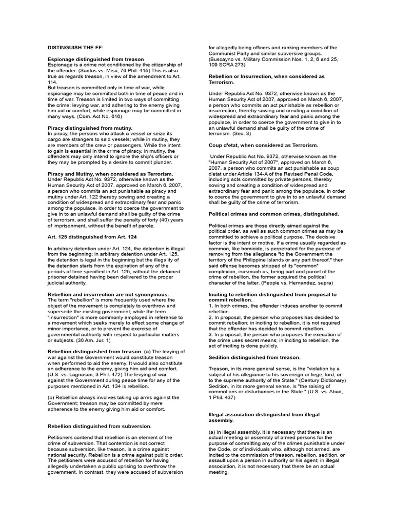 Distinguish The FF Crim Law 2 | PDF | Treason | Detention (Imprisonment) Distinguish The FF Crim Law 2 | PDF | Treason | Detention (Imprisonment)