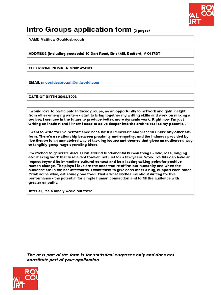 Groups Application Form 2019 Matthew Gouldesbrough | PDF ...