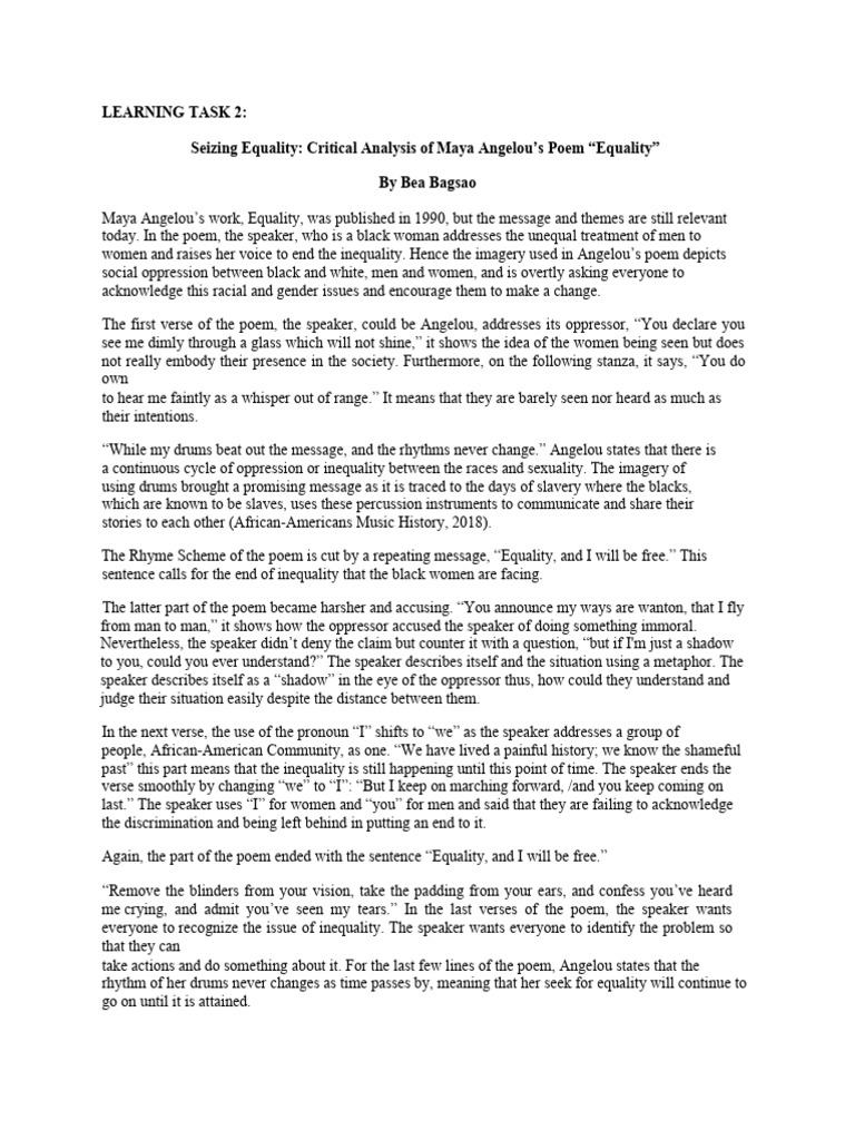 Equality by Maya Angelou Critical Analysis | PDF | Maya Angelou | Poetry
