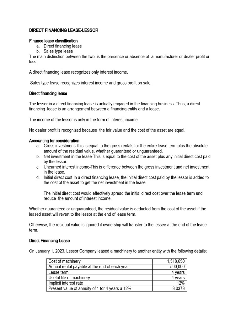 Direct Financing Lease Accounting Guide | PDF | Lease | Financial ...