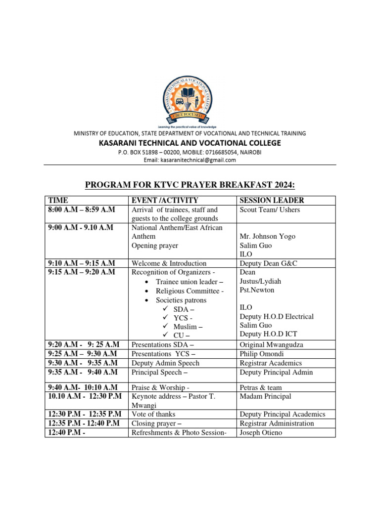 KTVC Prayer Breakfast Agenda 2024 | PDF