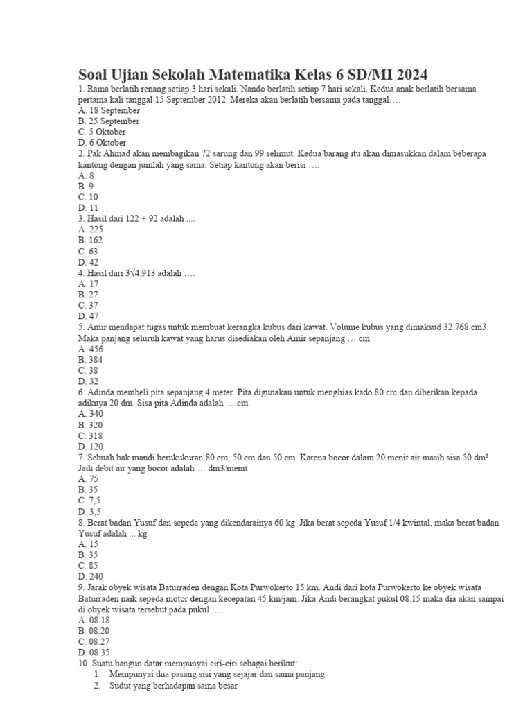 Soal Ujian Sekolah Matematika Kelas 6 SD | PDF