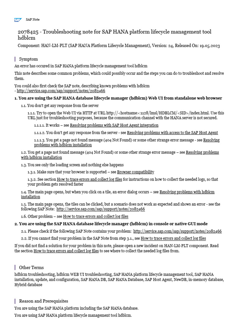Troubleshooting Note For SAP HANA Platform Lifecycle Management Tool HDBLCM | PDF | World Wide ...