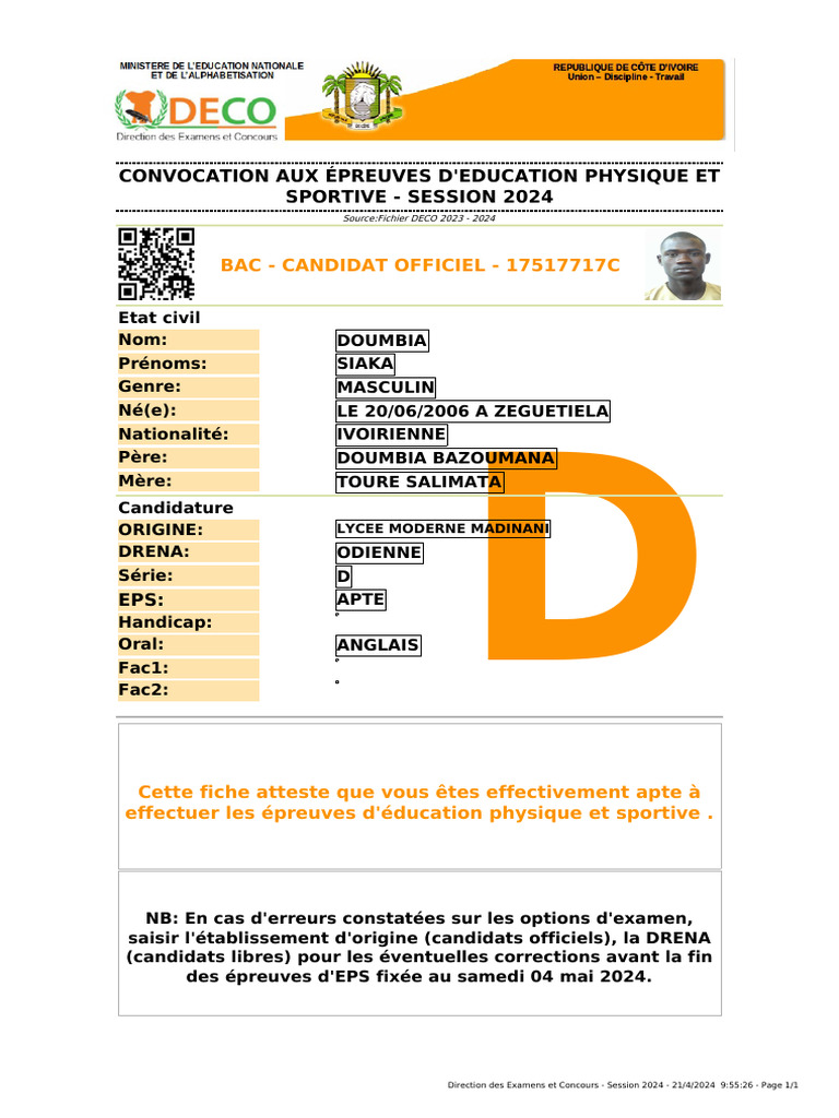 Convocation Bac 2024 Doumbia Siaka | PDF