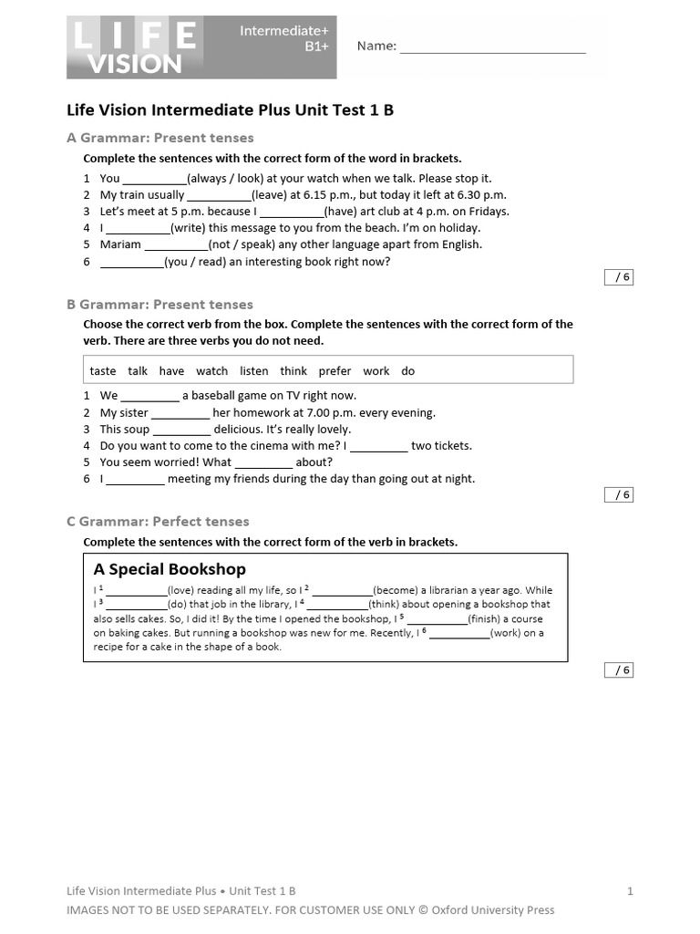 Life Vision Intermediate Plus Unit 1B Test | PDF | Comic Book | Books