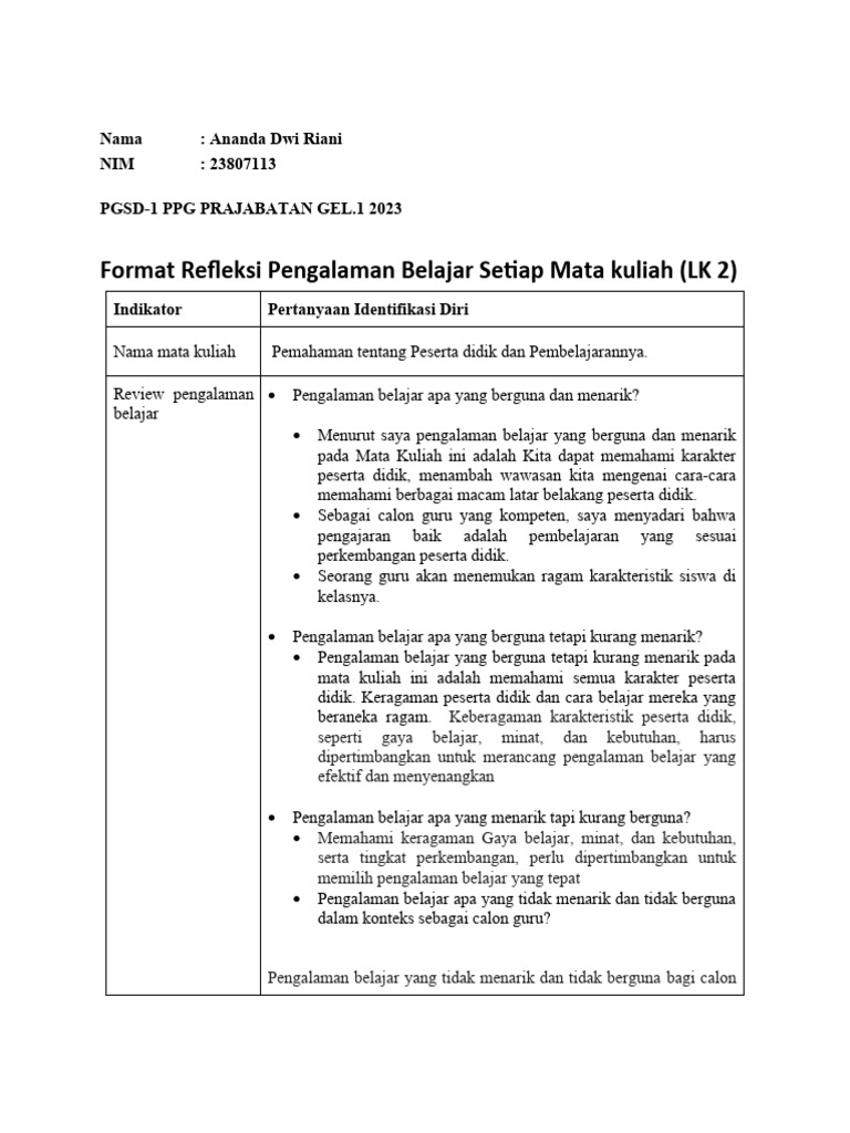Refleksi Pengalaman Belajar Calon Guru | PDF