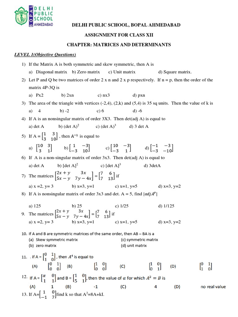 Assignment of Matrx and Determinants - XII - 2024-25 | PDF | Matrix (Mathematics) | Determinant
