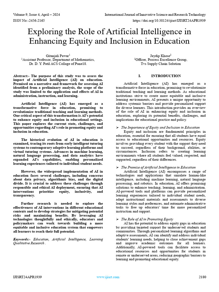 Exploring the Role of Artificial Intelligence in Enhancing Equity and Inclusion in Education ...