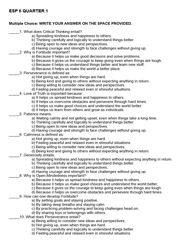 Esp 6 4TH Exam | Download Free PDF | Courage | Thought