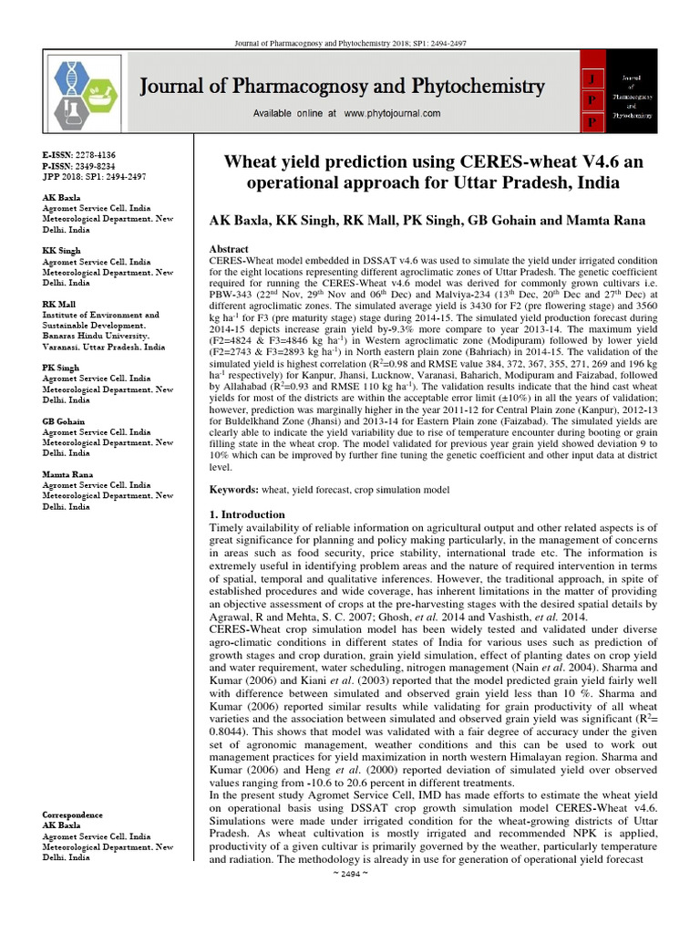 Wheat Yield Prediction Using Ceres Wheat Uttar Pradesh Pdf Simulation Forecasting