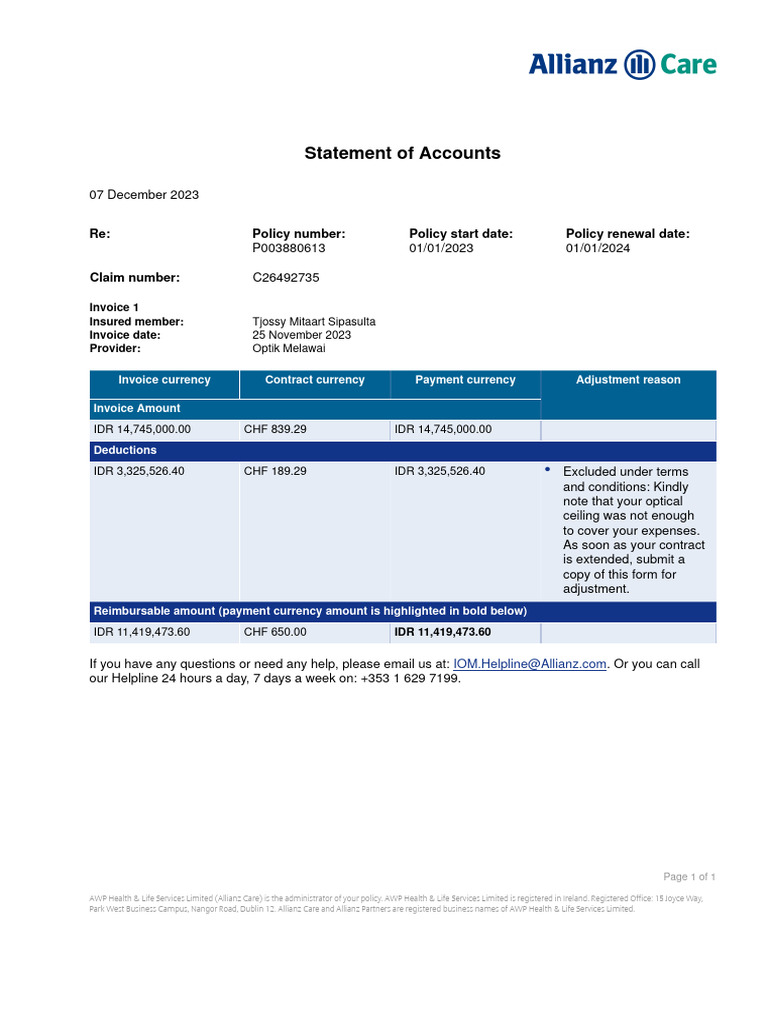 Statement of Accounts: Re: Policy Number: Policy Start Date: Policy ...