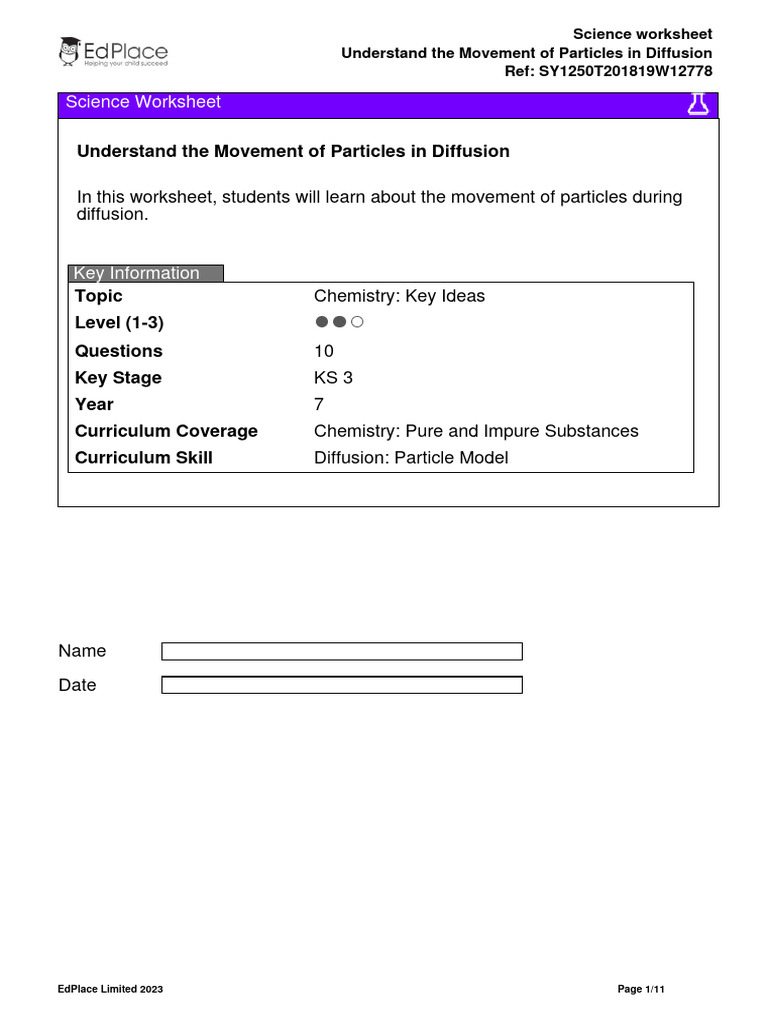 Diffusion: Particle Movement Worksheet | PDF | Diffusion | Science