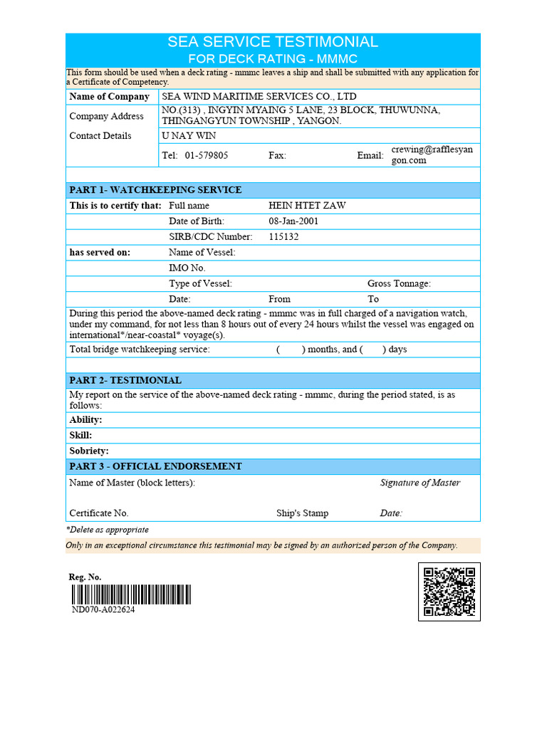 Sea Service Testimonial: For Deck Rating - MMMC | PDF | Watercraft | Ships