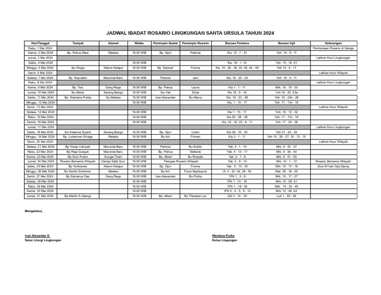 Jadwal Rosario Bulan Mei 2024 Lingkungan Santa Ursula | PDF