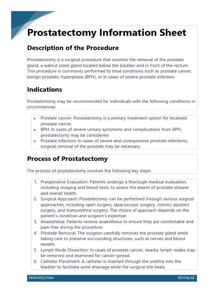 Info Sheet Cancer Prostatectomy | Download Free PDF | Prostate | Surgery